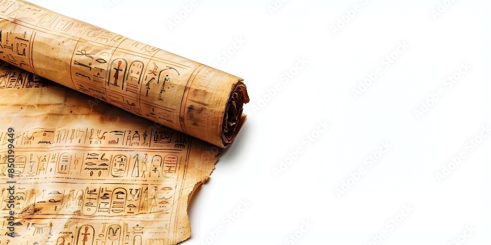 Ancient Egyptian papyrus scroll with hieroglyphics on white background ...