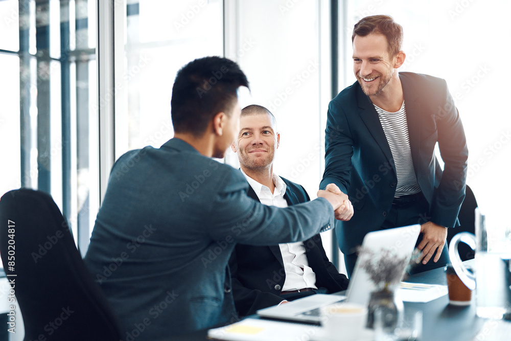 Men, introduction and shaking hands in office at business meeting with ...