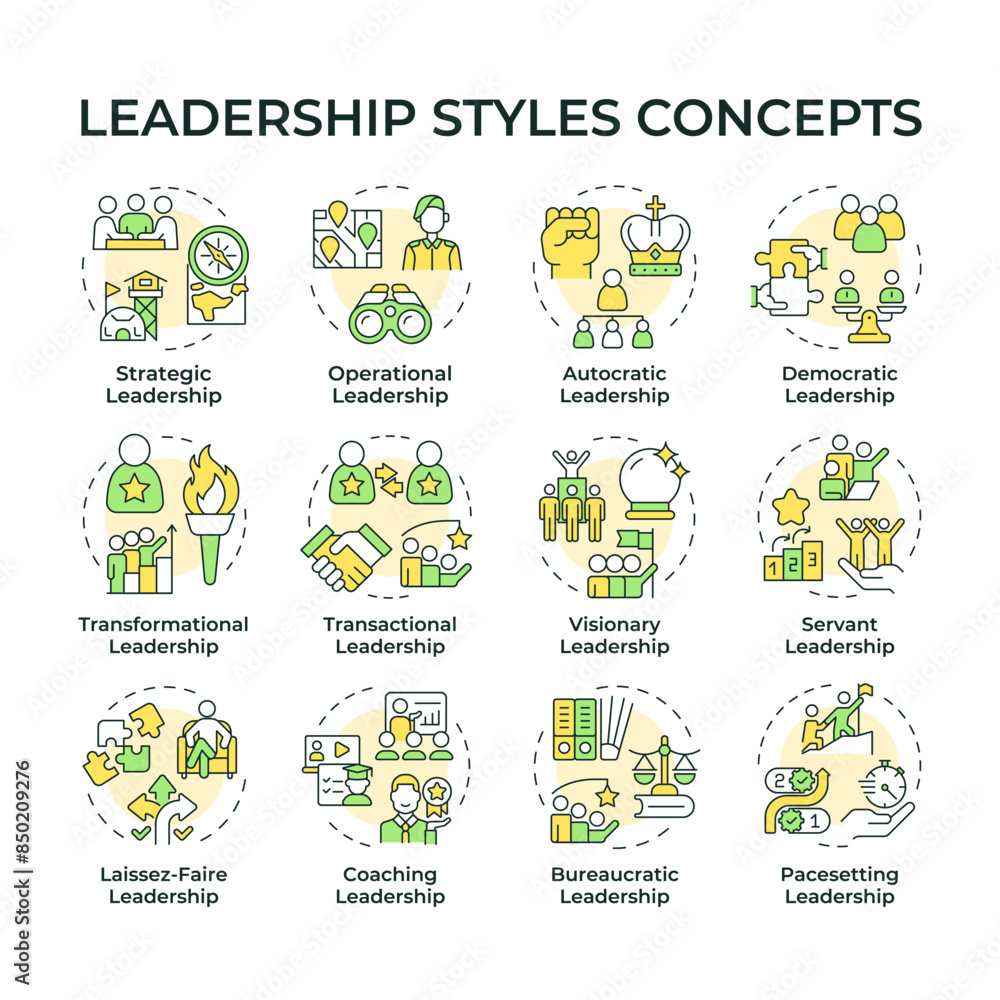Leadership styles multi color concept icons. Professional development ...