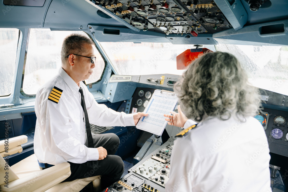 Mature commercial male pilot Beautiful middle aged woman airplane ...