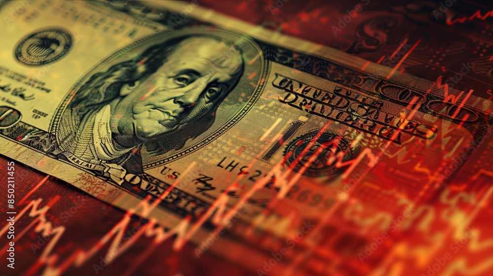 The U.S. dollar depicted against a backdrop of a declining chart ...