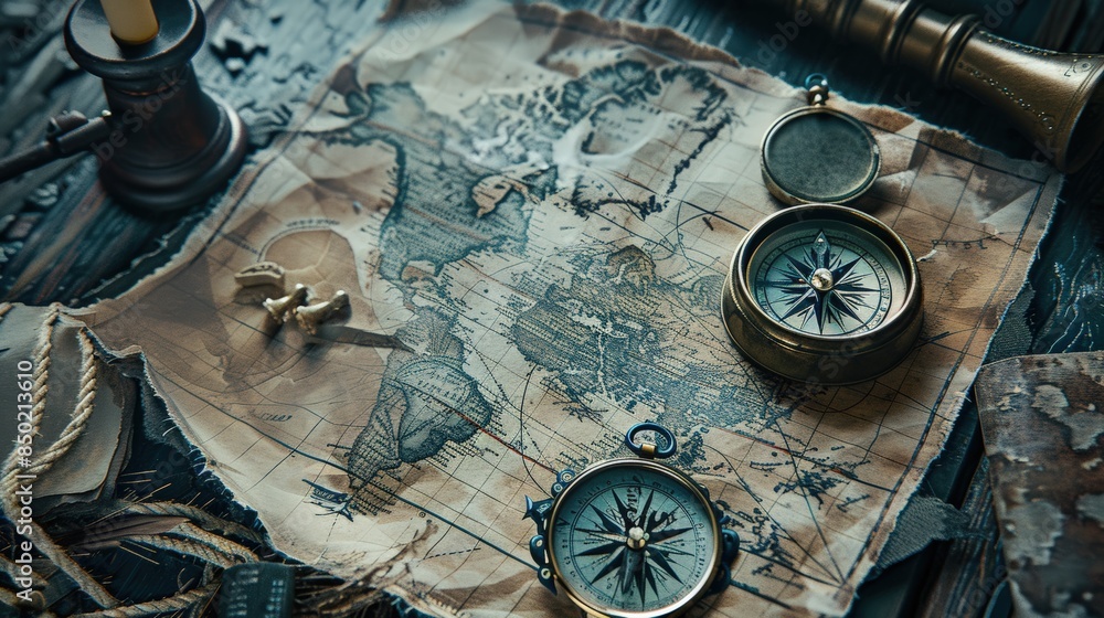 Vintage nautical map with ancient compass and rope detail. Perfect for ...