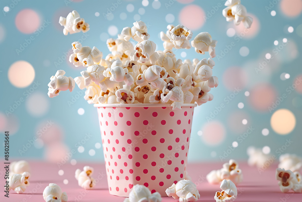 A surreal photograph of popcorn floating mid-air above a polka dot ...