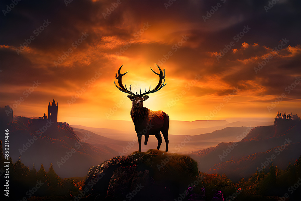 A proud stag standing tall on a hill, equipped with regal, knightly ...