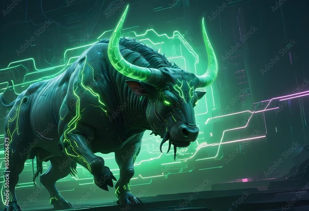 cyberpunk A large muscular Bull charging through a glowing neon ...