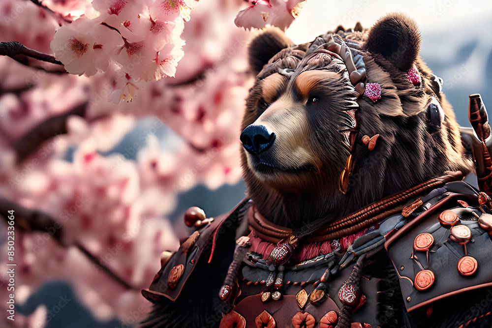 A strong and stoic bear wearing traditional samurai armor, complete ...