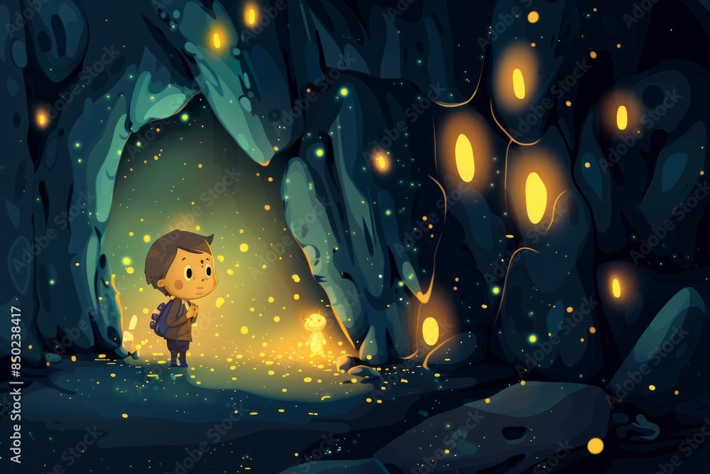 Cartoon cute doodles of a tiny explorer peering into a glowing cave ...