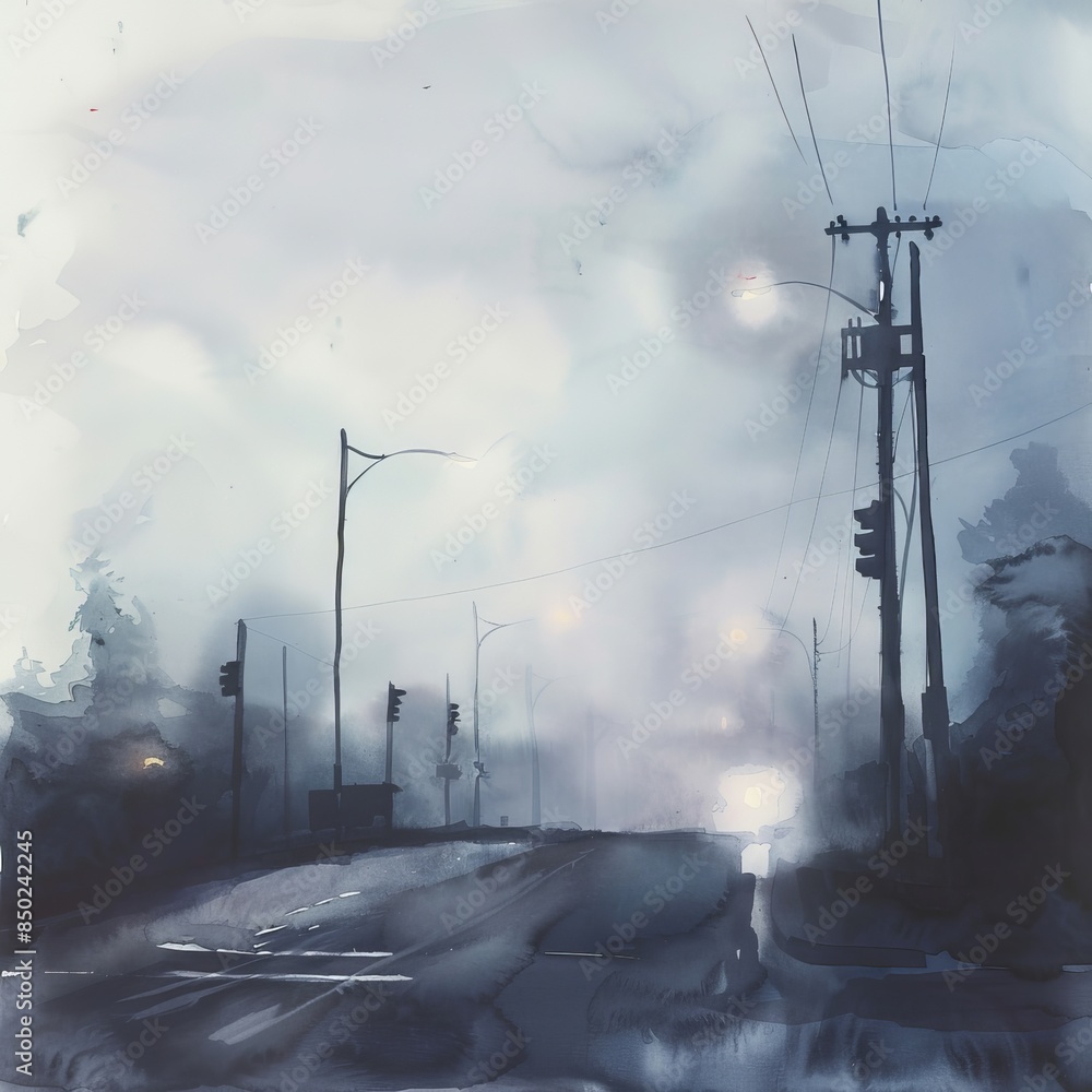 Watercolor painting of a foggy street scene with dim streetlights ...