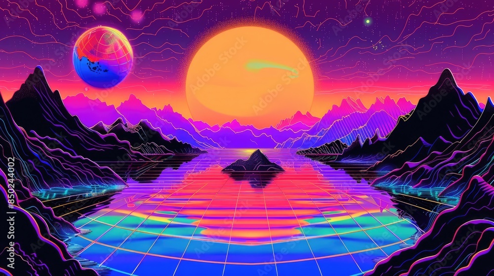 esoteric surreal artwork, 80s synthwave vaporwave poster, clean vector ...