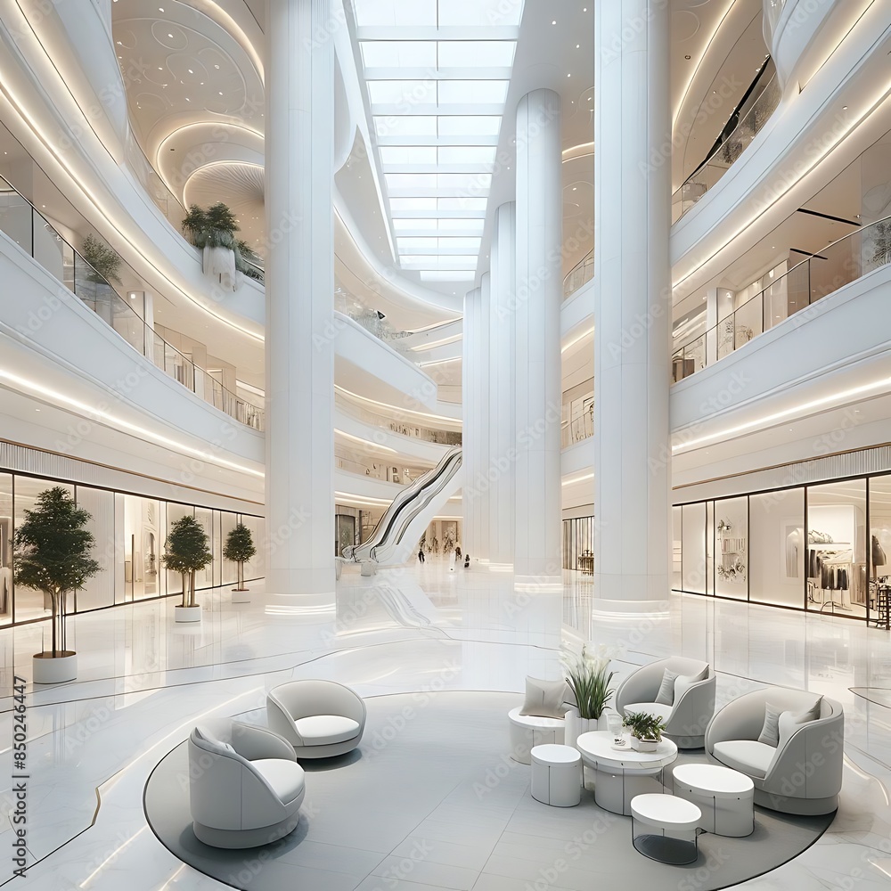 Modern commercial building interior with A large blank white screen ...