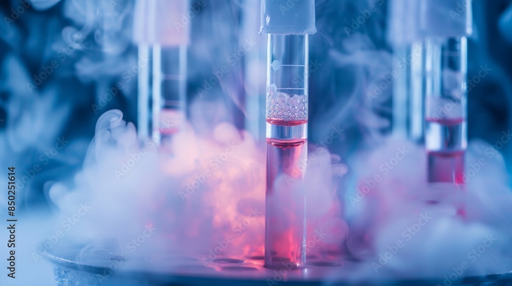 Vial with dry ice for cryopreservation. Cryosample of stem cells in ...