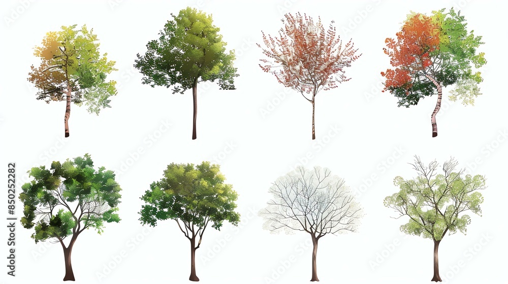 Set of ten watercolor trees. The image shows trees with different ...