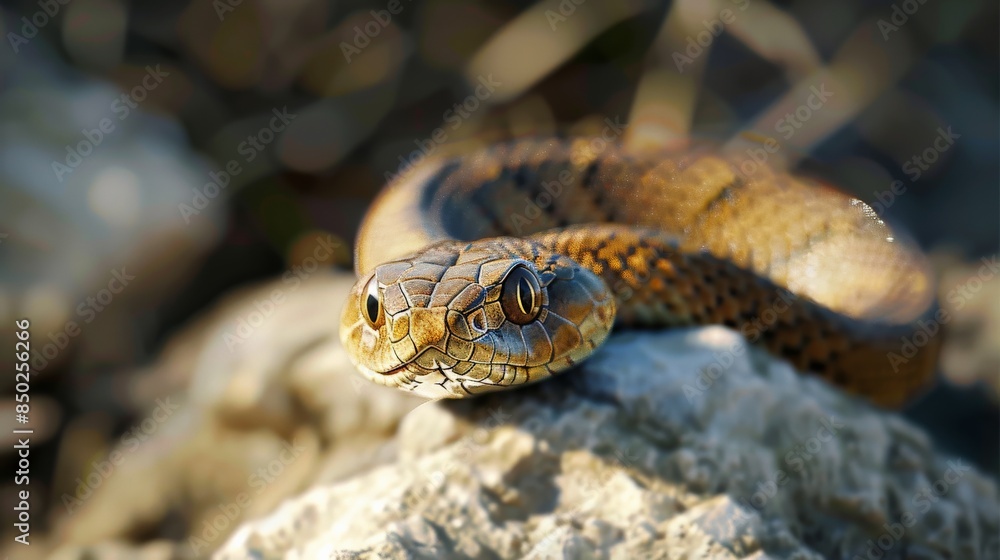 The photo shows a venomous snake coiled on a rock, with its head raised ...