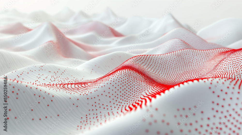 Abstract white background with red dots and lines, creating a wave ...