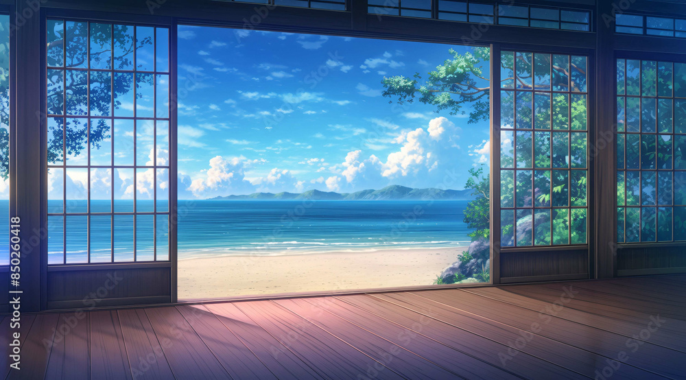 view from window to the sea, window in the garden, beautiful anime ...
