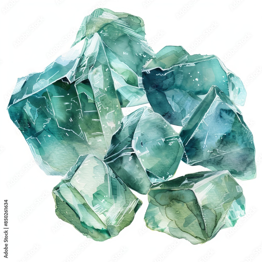 Watercolor painting of glowing beryl stones, radiating a soft blue ...