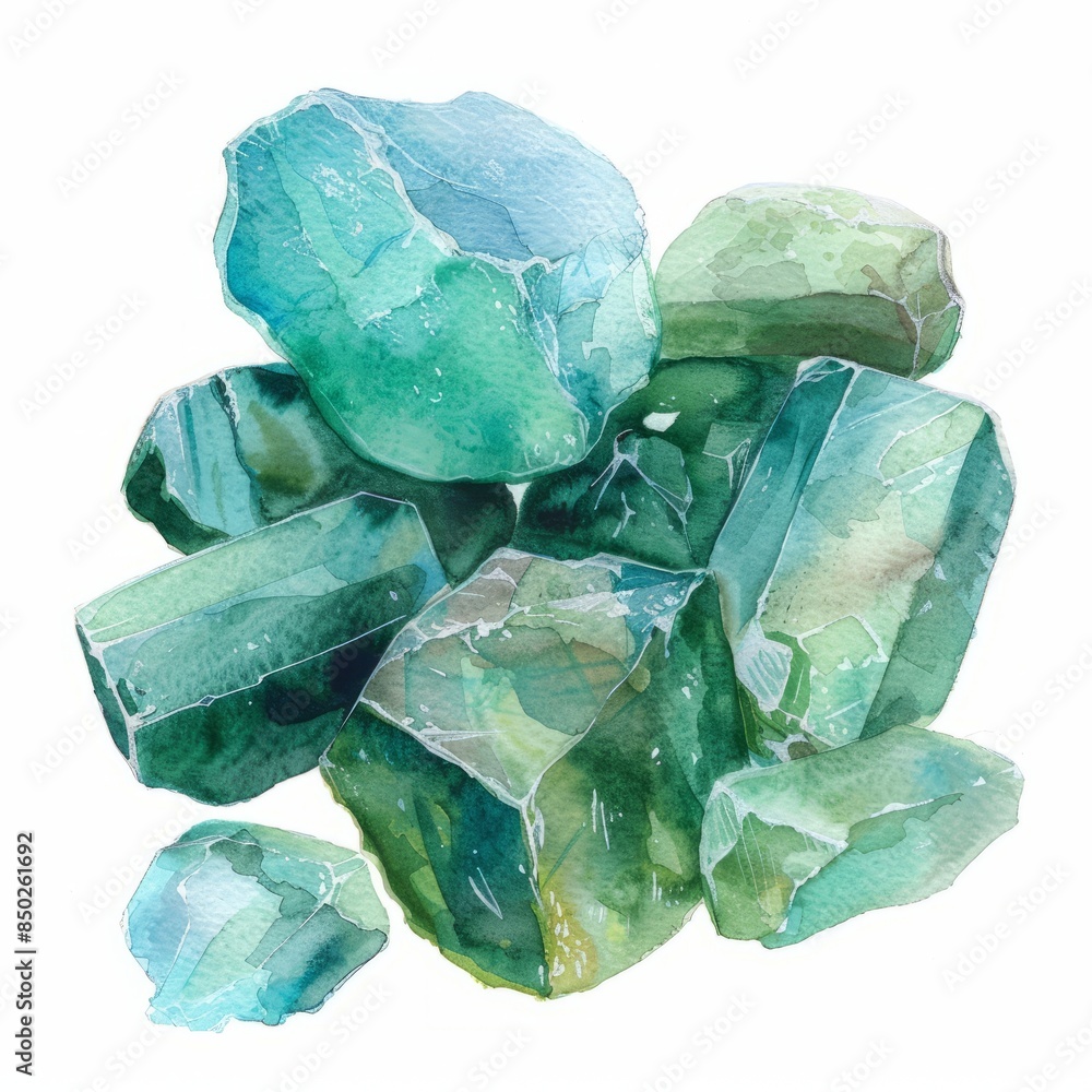 Watercolor painting of glowing beryl stones, radiating a soft blue ...