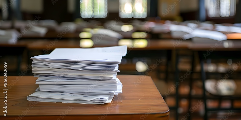 Stack of exam papers on office table in classroom setting captured in a ...