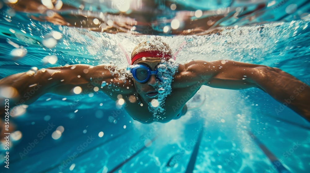 Shooting from under the water of a swimmer in the water swimming to the ...