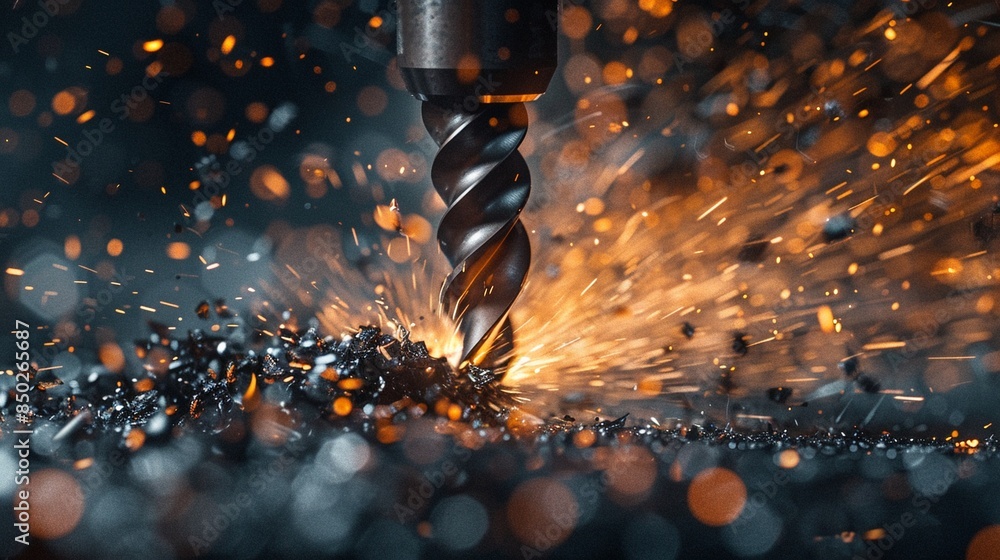 Macro shot of a drill bit breaking through a metal surface, spiral ...