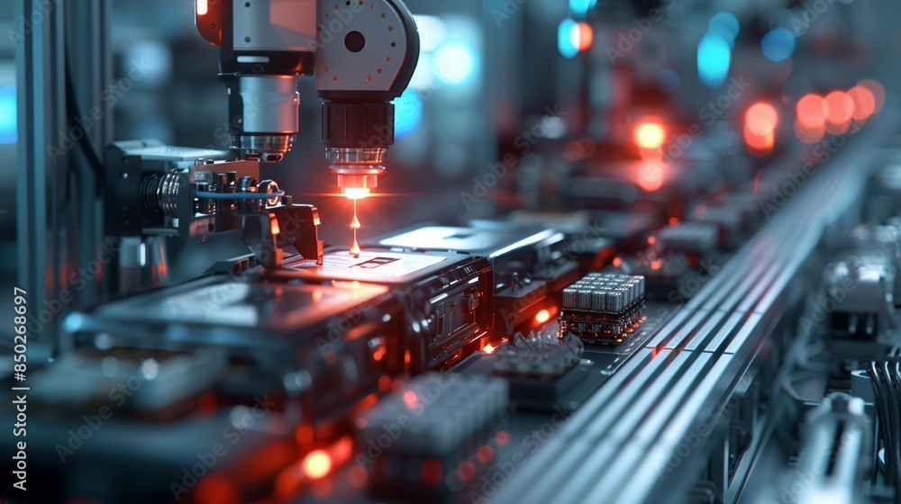 Wide shot of an EV battery assembly line, robotic arms placing cells ...