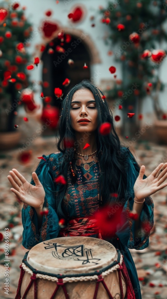 beautiful ancient priestess woman with long black hair, full body, daf ...
