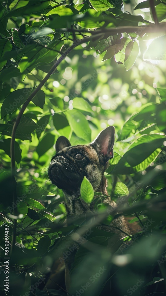 Curious pug exploring the underbrush in a vibrant outdoor setting Stock ...