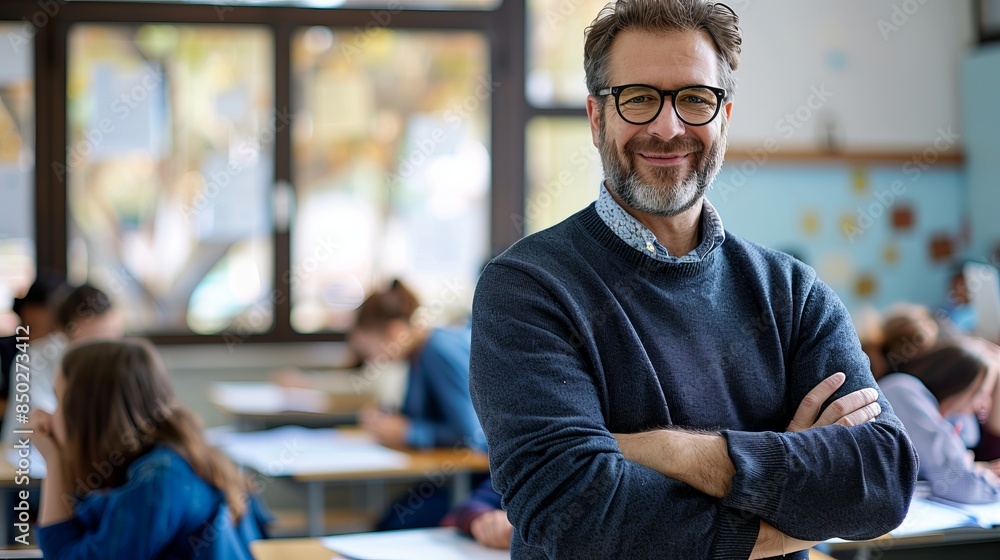 Confident teacher smiling in a classroom with students working in the ...