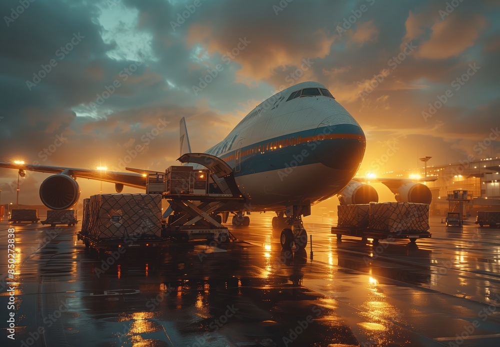 Cargo Plane at Night with Cargo. Cargo plane being loaded with cargo at ...