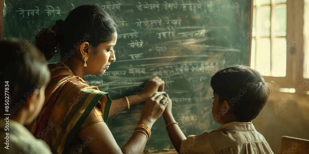 Indian Teacher Instructing Child at Chalkboard in Traditional Rural ...