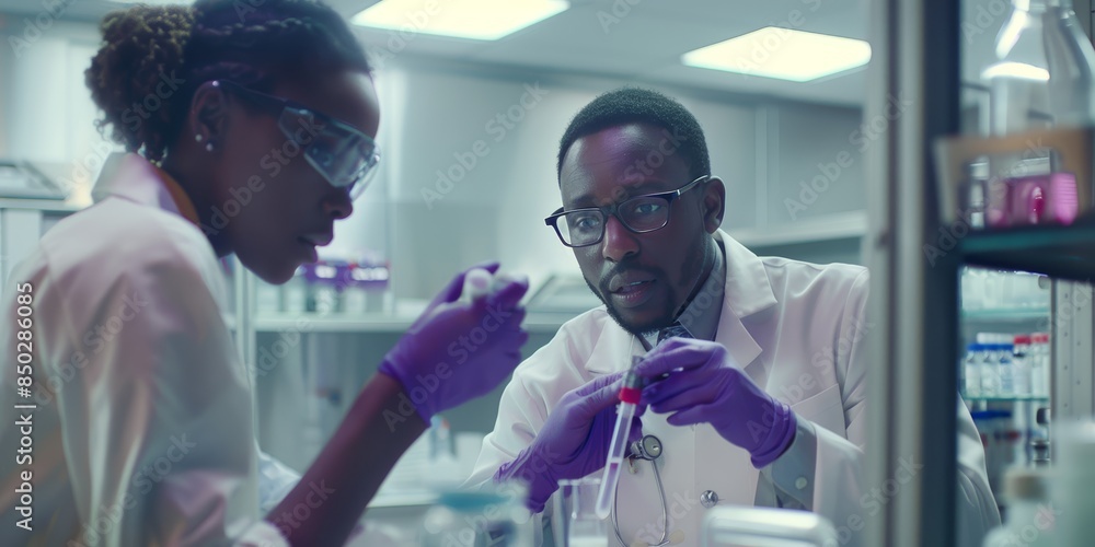 Foto de African-American scientist checks sample container with female ...