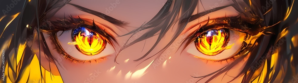 close-up illustration of shining yellow eyes, anime style banner ...