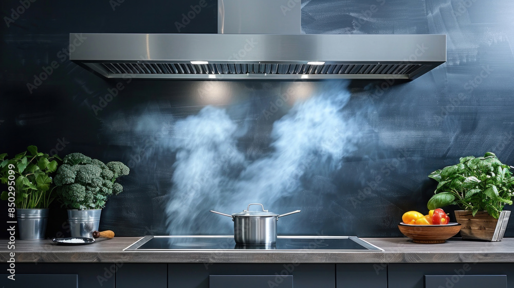 Foto de Shiny stainless steel exhaust hood featuring grease baffles and ...