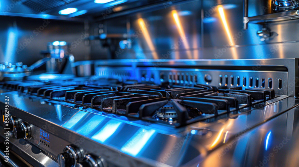 Stainless steel shiny exhaust hood equipped with grease baffles and a ...