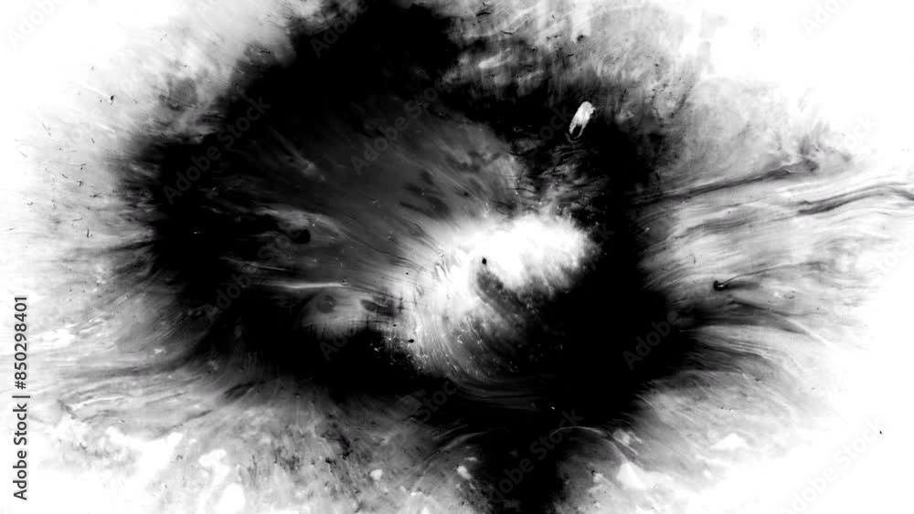 real footage abstract background Black ink artistic flow splatter spots ...