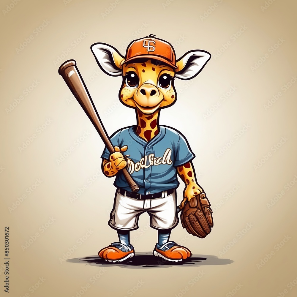 Cute baby giraffe baseball player Vector Logo little animal character ...