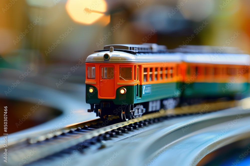 Vibrant toy trains in motion on tracks, displaying playful locomotives ...