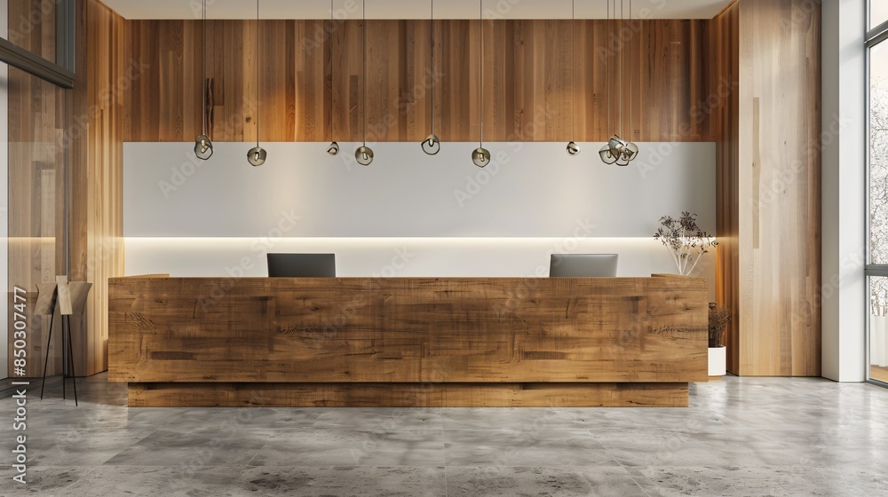 A highly detailed photograph of a contemporary hardwood reception ...