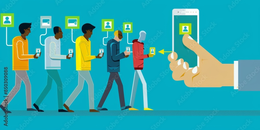 People using smartphones with social media icons, illustrating the ...