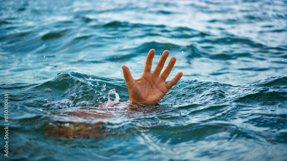 Drowning victim, hand asking for help, danger of swimming in lake or ...