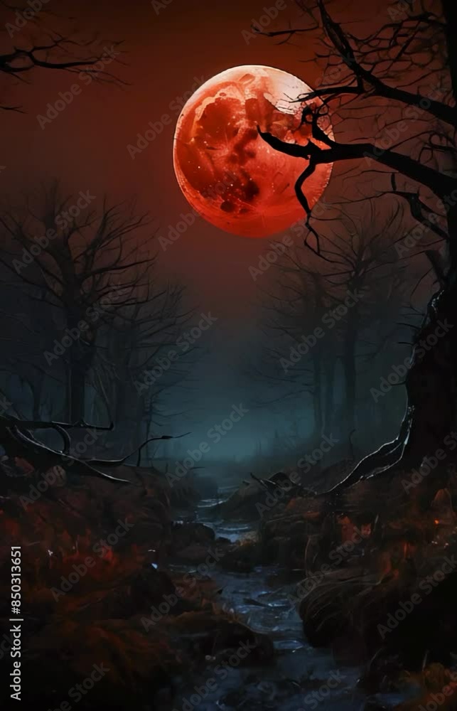 In a dark, eerie forest under a blood-red moon, a pack of menacing ...