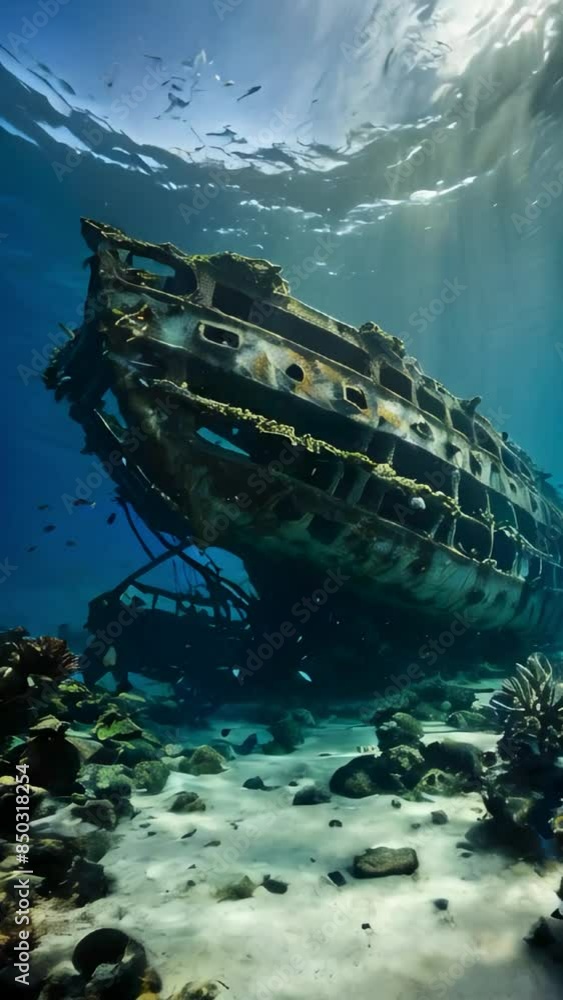 Underwater shot of a sunken ship covered in coral and marine life ...