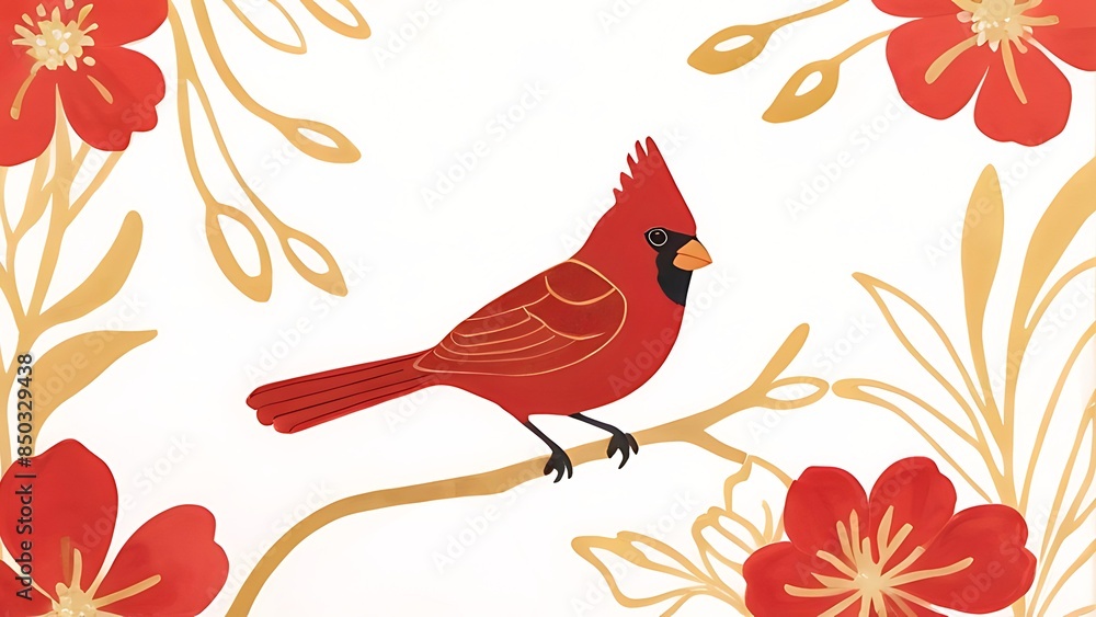 Abstract background of red cardinal bird perched on branch with florals ...