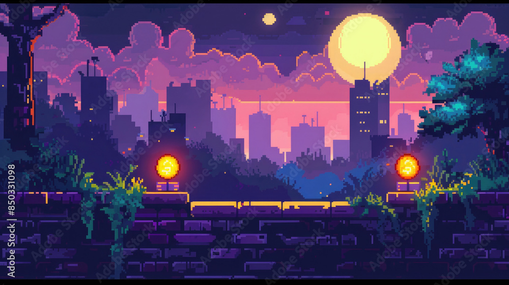 Video Game Pixel Art Scene with 'Level Up' Button Display Stock ...