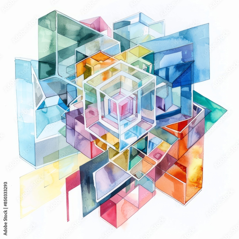 Watercolor painting of a hypercube transcending its geometric constraints, morphing into ...