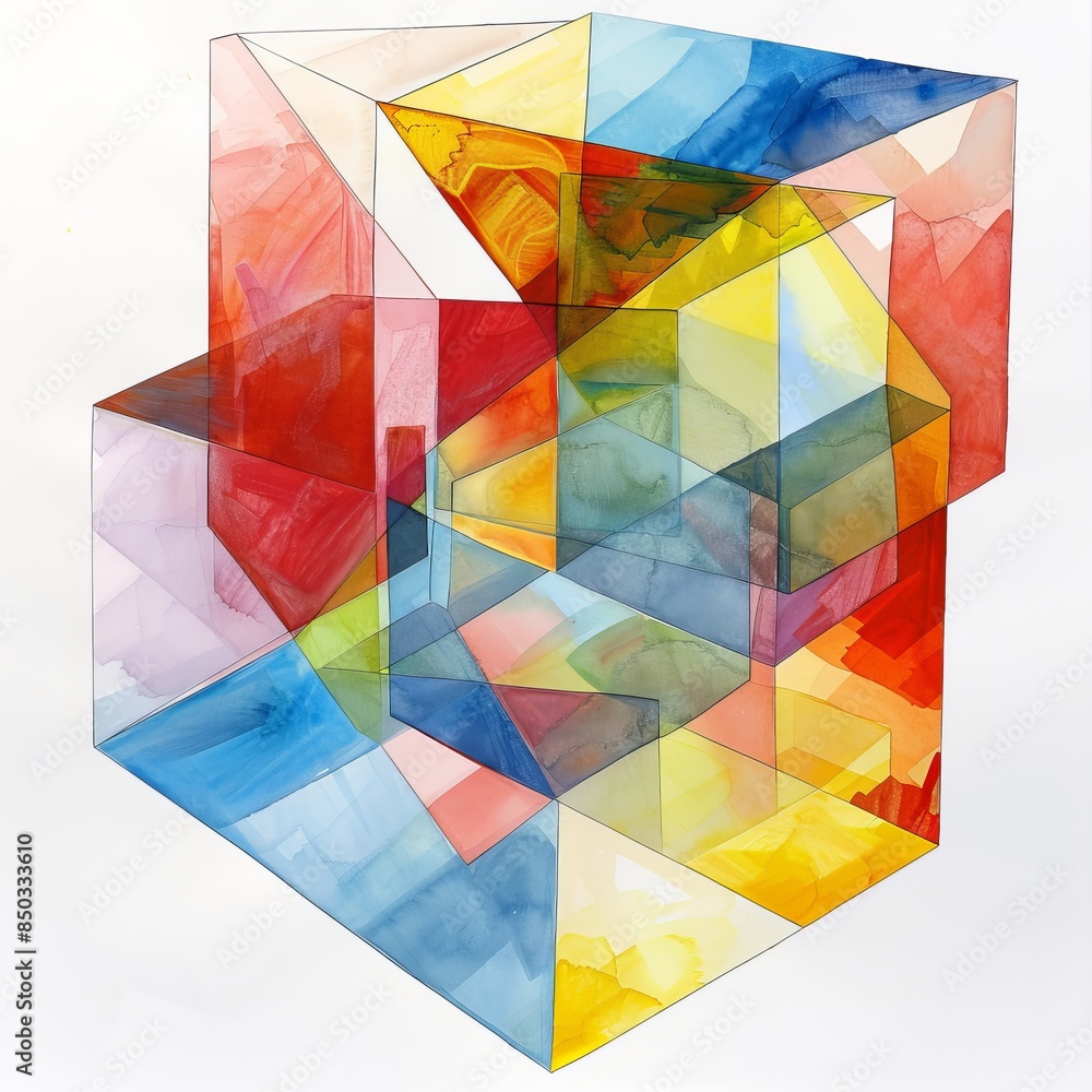 Watercolor painting of a hypercube transcending its geometric constraints, morphing into ...