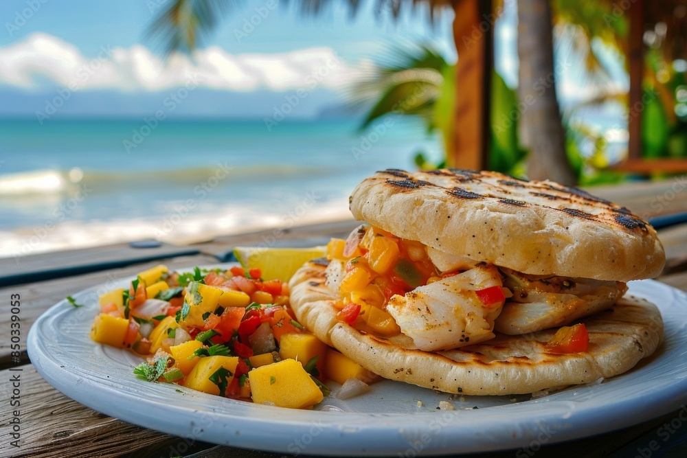 Traditional Venezuelan Colombian Arepa with fish pieces and mango salsa ...