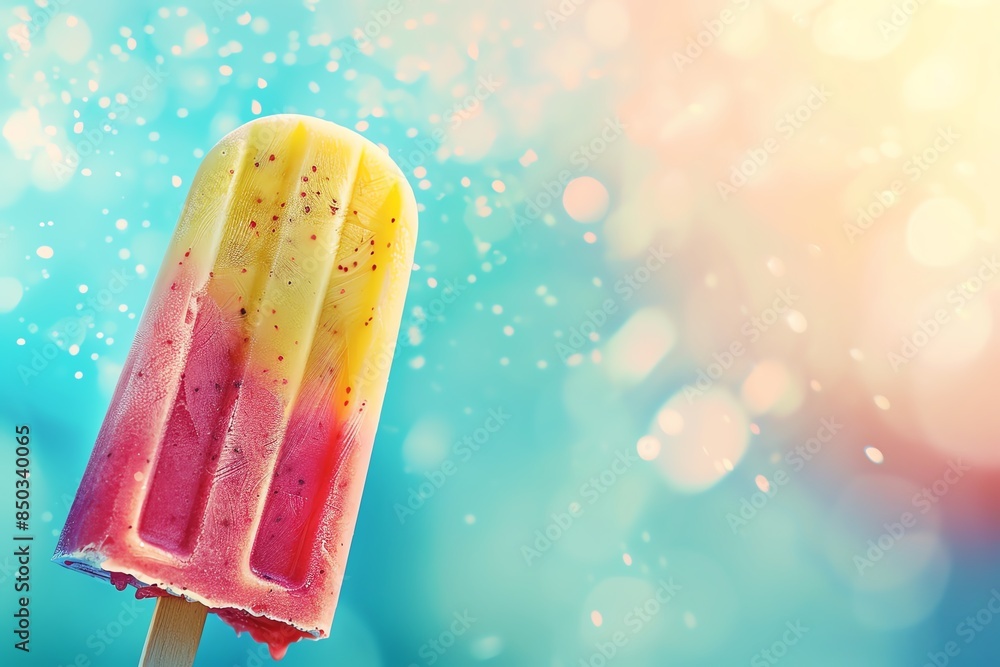 Colorful ice lolly with yellow and pink layers on a blue bokeh ...