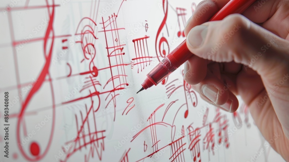 Detailed hand drawing music notes with a red marker on clear glass ...