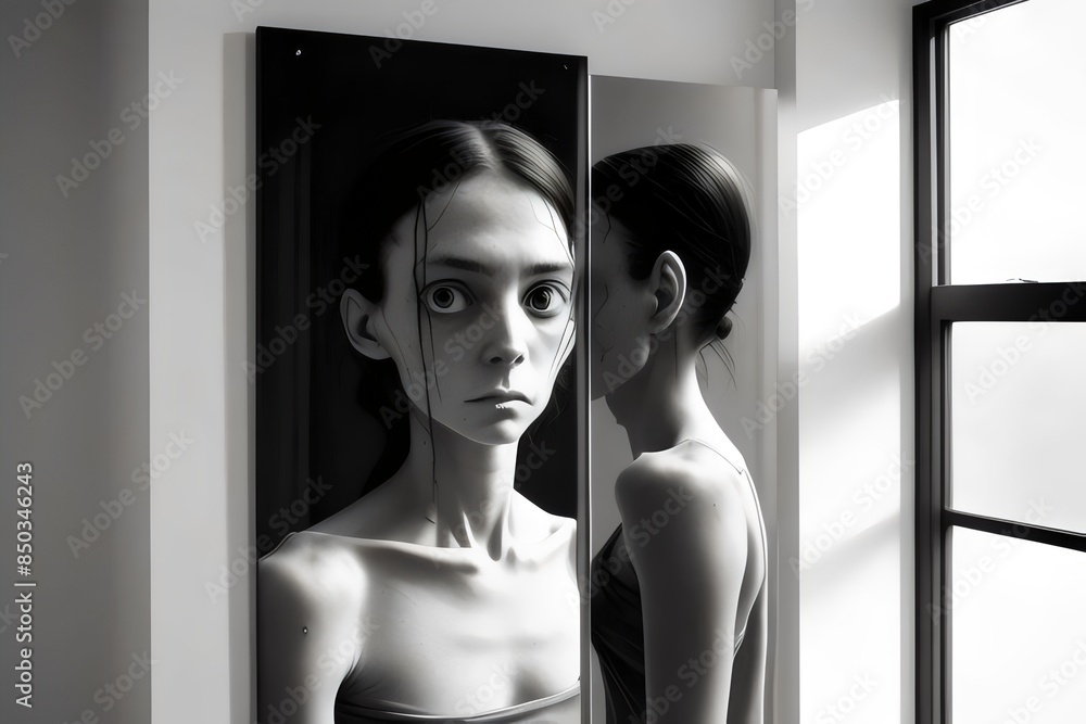an image of a young anorexic woman, very skinny, sick, thin, alone, Anorexia nervosa ...